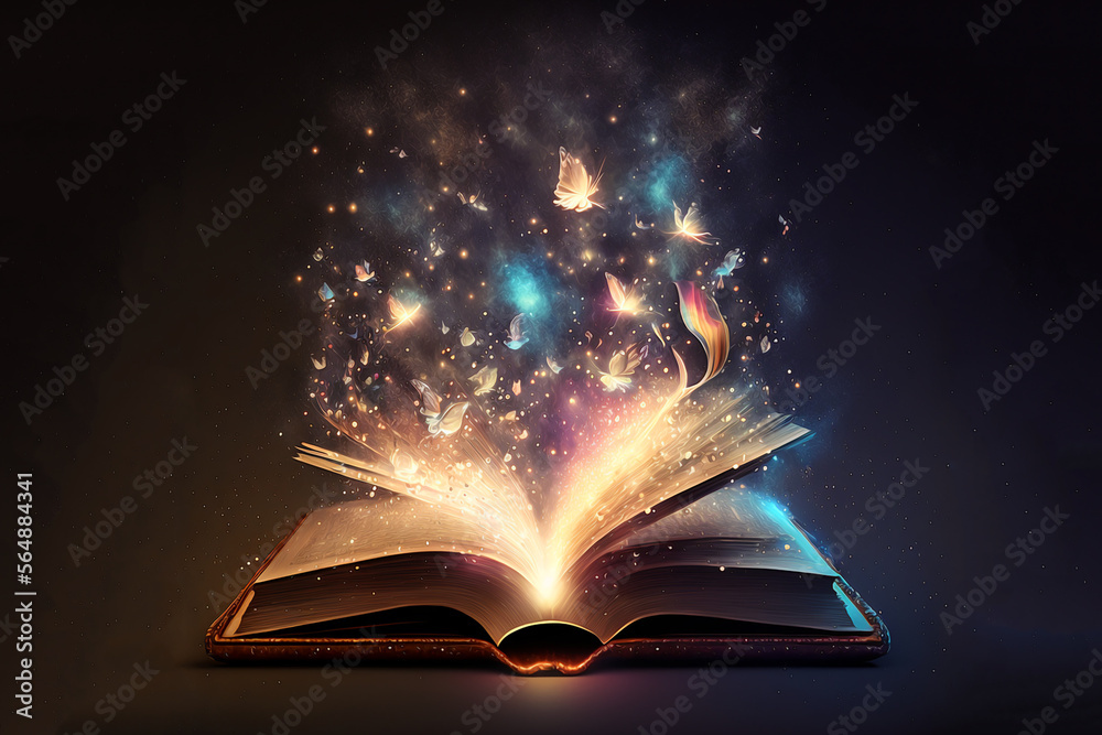 Opened magic fantasy book with magical particles flying above upwards ...