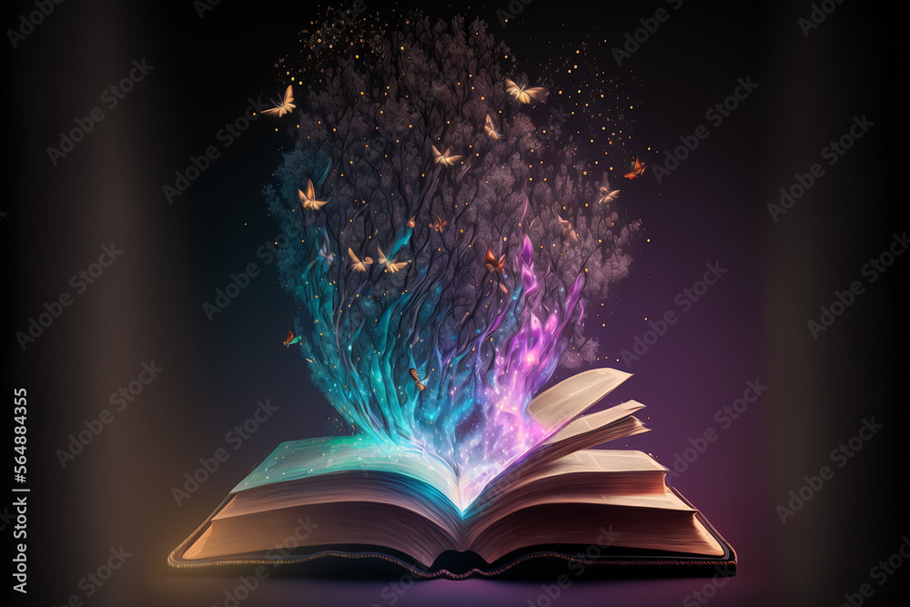 Opened magic fantasy book with magical particles flying above upwards ...