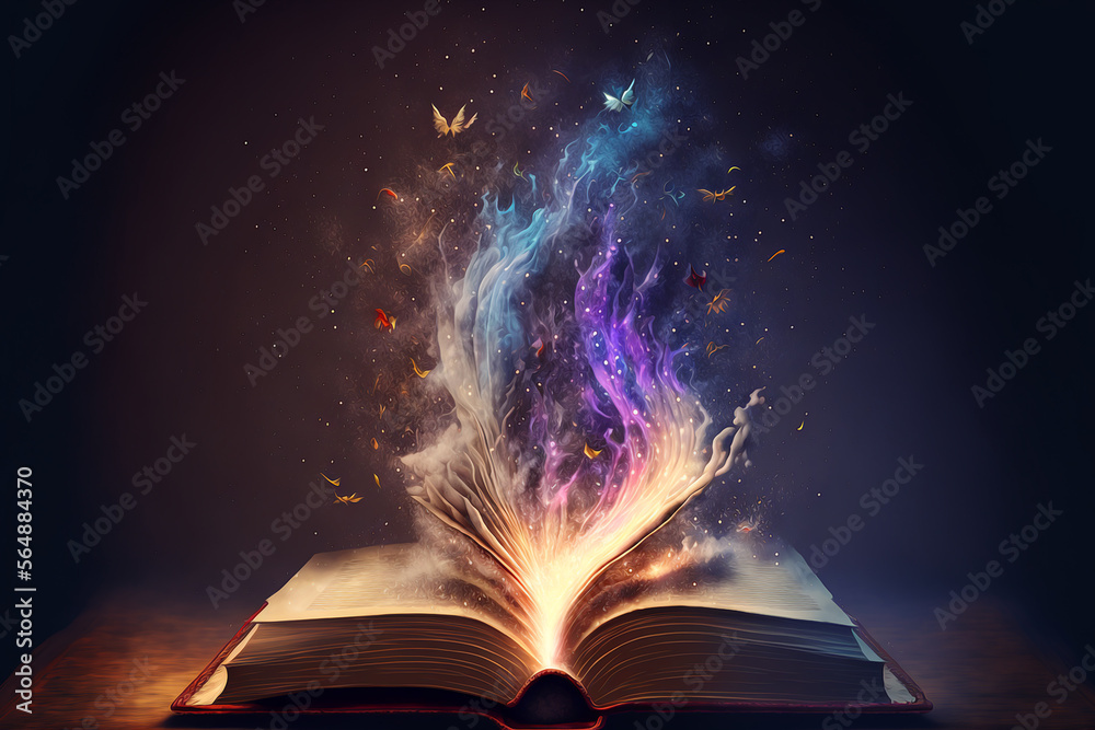 Opened magic fantasy book with magical particles flying above upwards ...