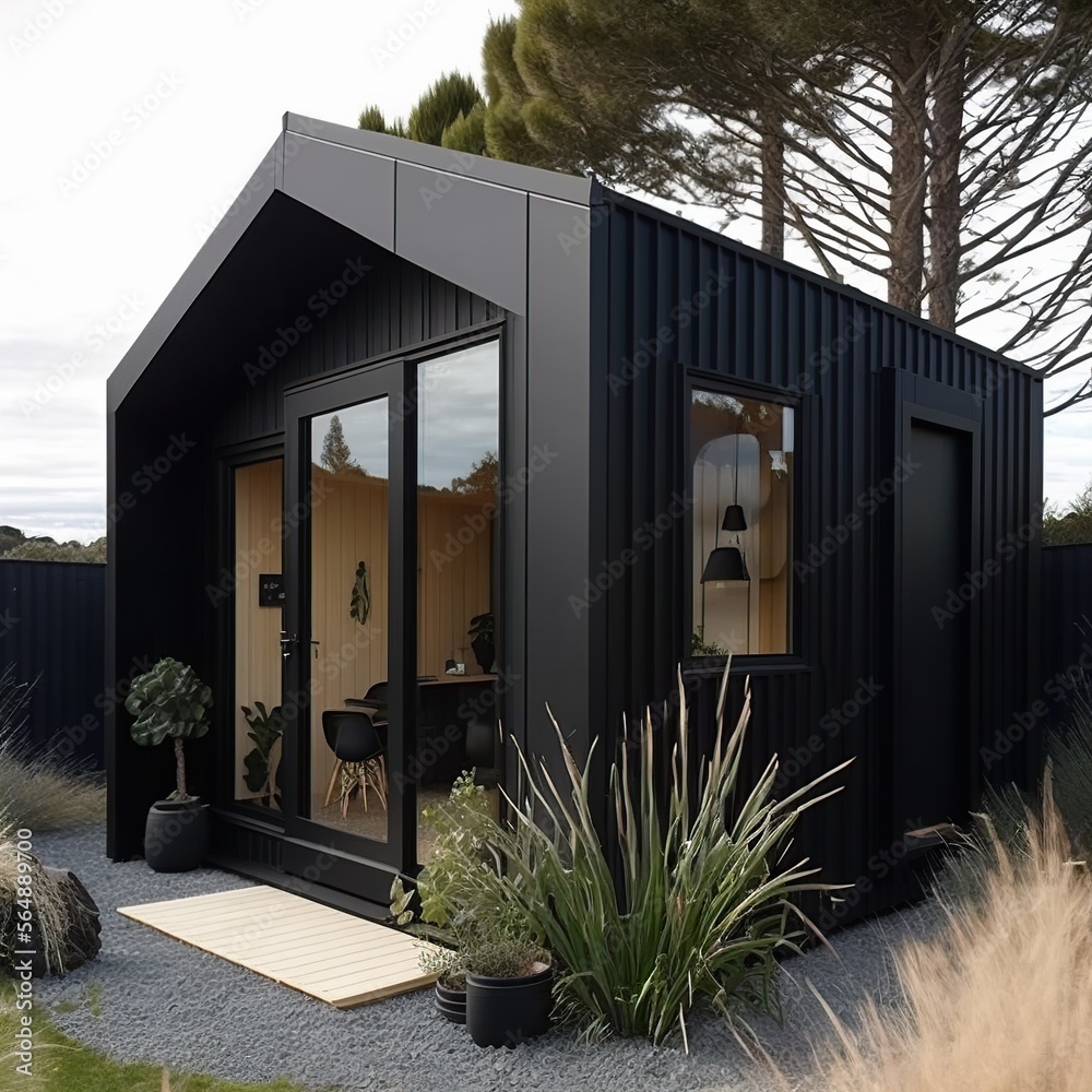 A modern all-black luxurious studio cabin in a winter garden with ultra ...