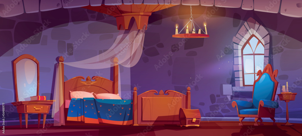 Bedroom in royal castle with wooden furniture and window. Luxury ...