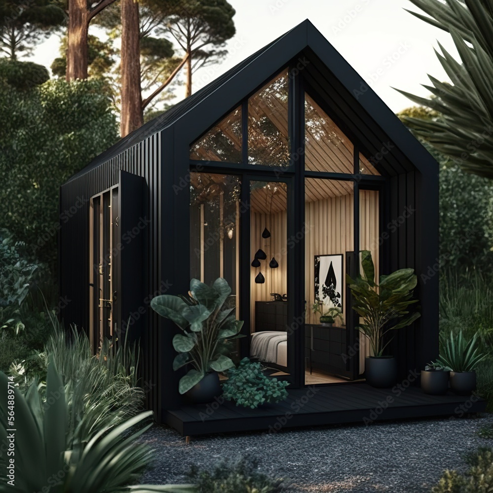 A modern all-black luxurious studio cabin in a winter garden with ultra ...