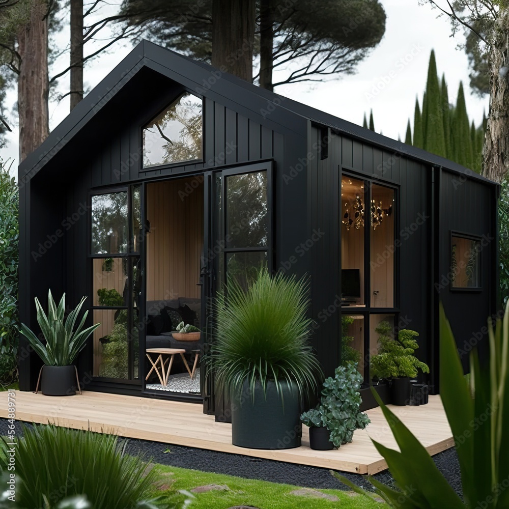 A modern all-black luxurious studio cabin in a winter garden with ultra ...