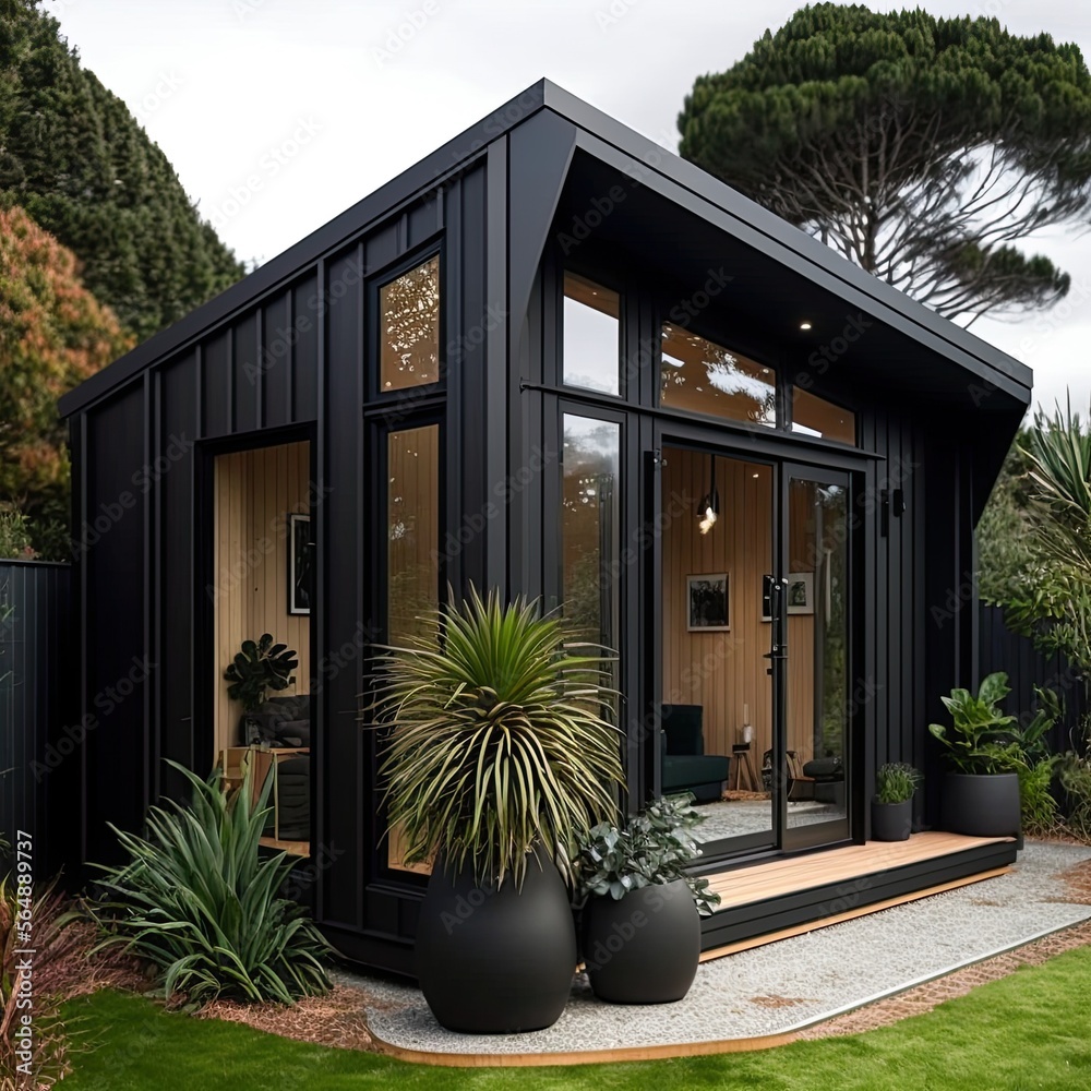 A modern all-black luxurious studio cabin in a winter garden with ultra ...