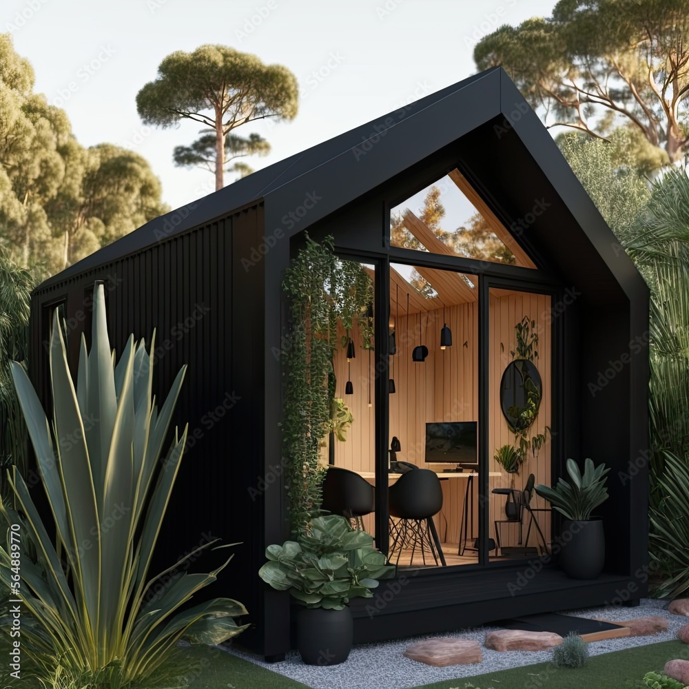 A modern all-black luxurious studio cabin in a winter garden with ultra ...