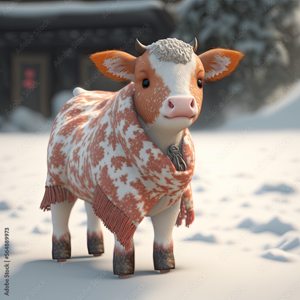 Cute Calico Cattle in Winter Wonderland: Fluffy Baby Cow with Sweet ...