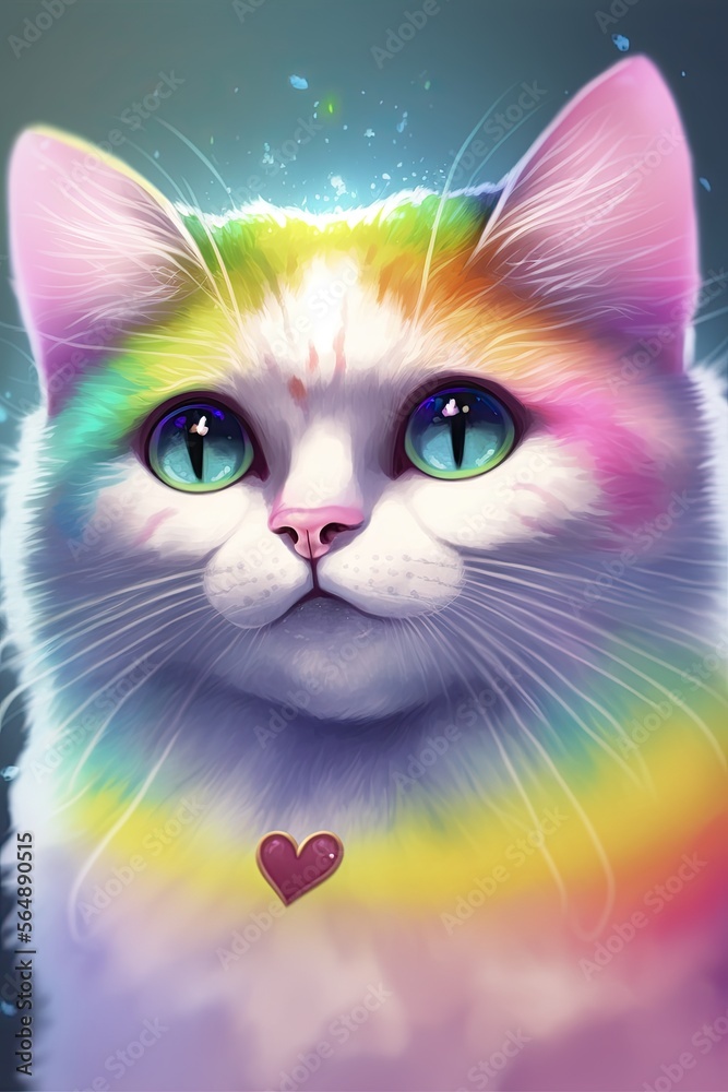 Rainbow Kawaii Cat: Pastel Anime Realism Stock Illustration | Adobe Stock