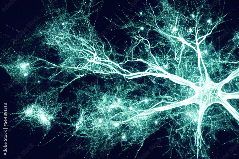 Blue neurons firing electrical signals in the brain under a microscope ...