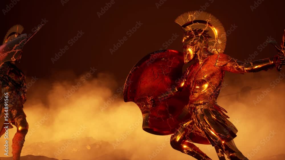 Gold statues of Ancient Greek warriors in fight positions, worn off by ...