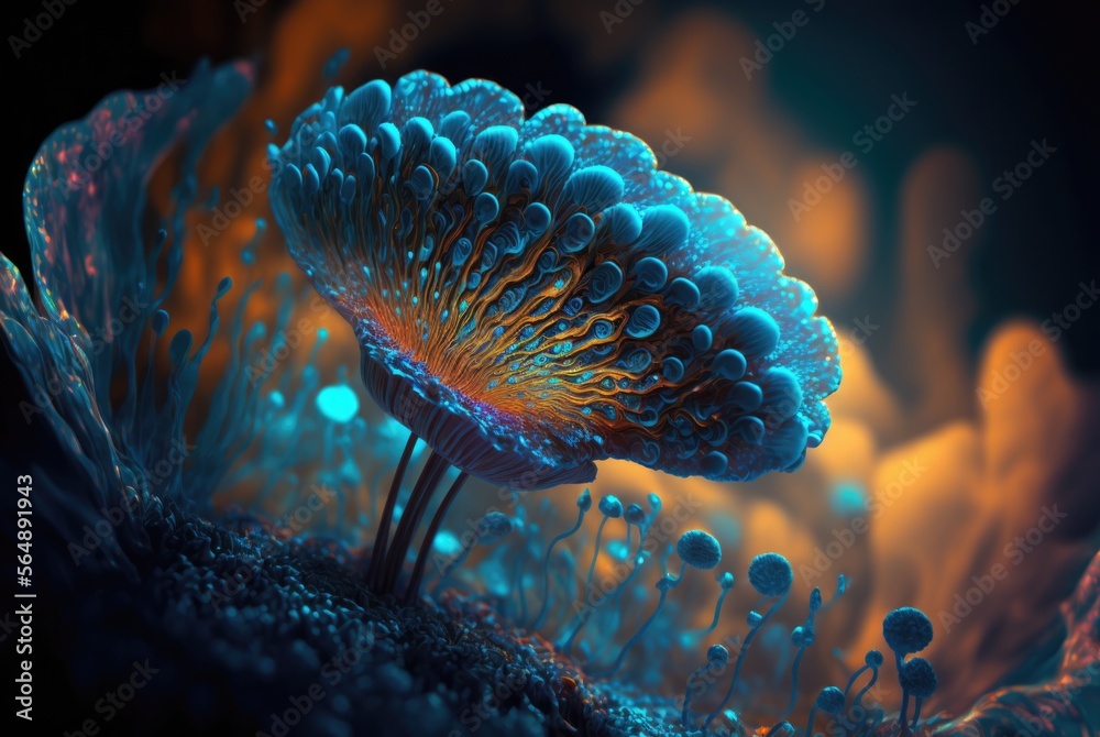 Alien world magical fungus mushroom with vibrant glowing energy stems ...