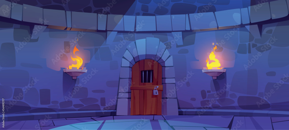 Castle dungeon with old wooden door. Vector cartoon illustration of ...