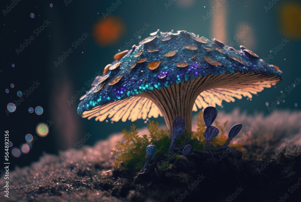 Alien world magical fungus mushroom with vibrant glowing energy stems ...