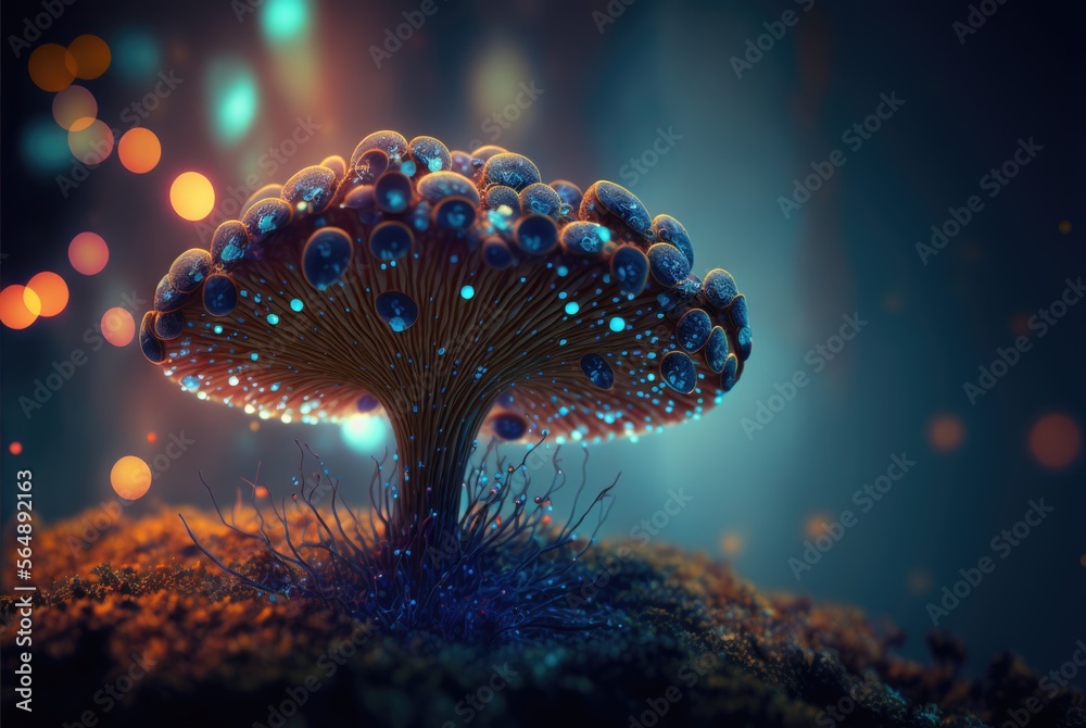 Alien world magical fungus mushroom with vibrant glowing energy stems ...