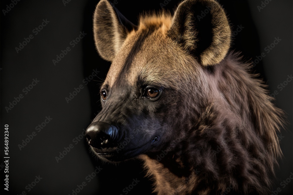 a close up of a hyena's face with a black background and a black ...