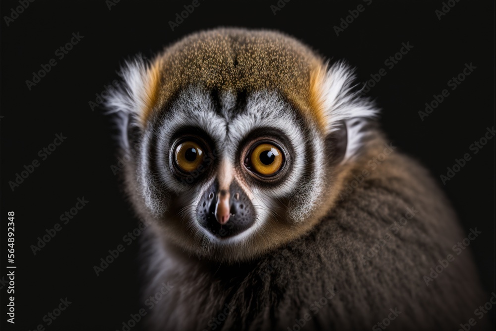 a close up of a monkey with a black background and a yellow eye and a ...