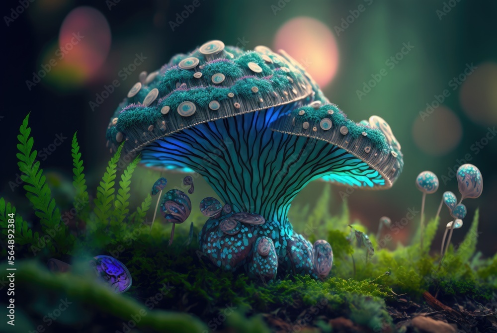 Alien world magical fungus mushroom with vibrant glowing energy stems ...