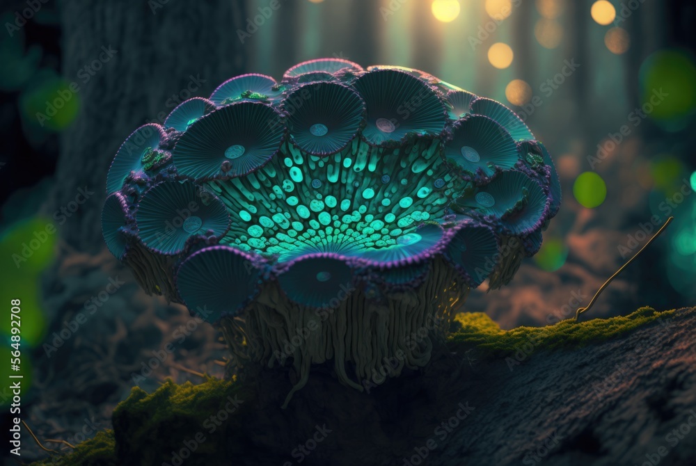 Alien world magical fungus mushroom with vibrant glowing energy stems ...