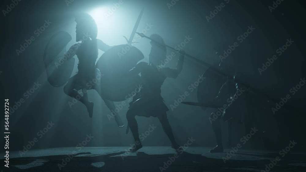 Statues of Ancient Greek warriors in fight positions, charging in ...