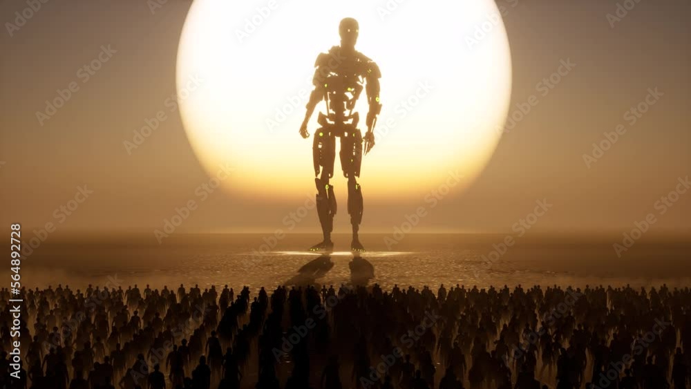 A huge Artificial Intelligence ( AI ) cyborg standing in front of a ...