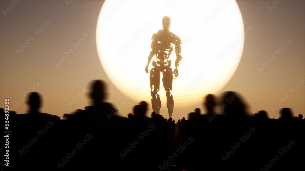 A huge Artificial Intelligence ( AI ) cyborg standing in front of a ...