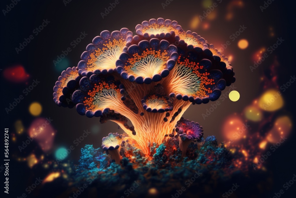 Alien world magical fungus mushroom with vibrant glowing energy stems ...