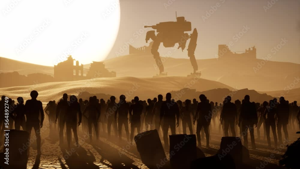 A huge Mech Robot standing in the desert in front of a large sun, with ...