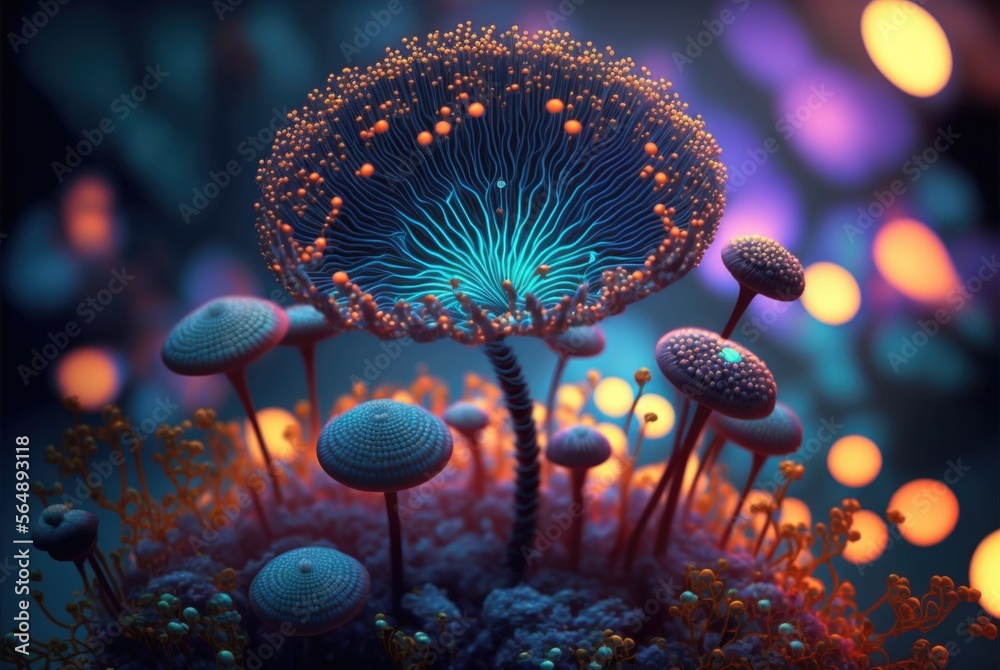 Alien world magical fungus mushroom with vibrant glowing energy stems ...
