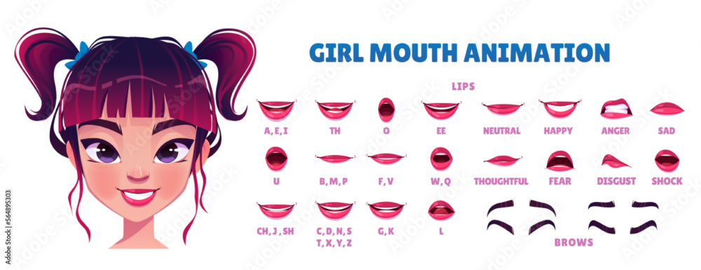 Asian girl mouth animation, pronunciation sync set. Child lips and ...