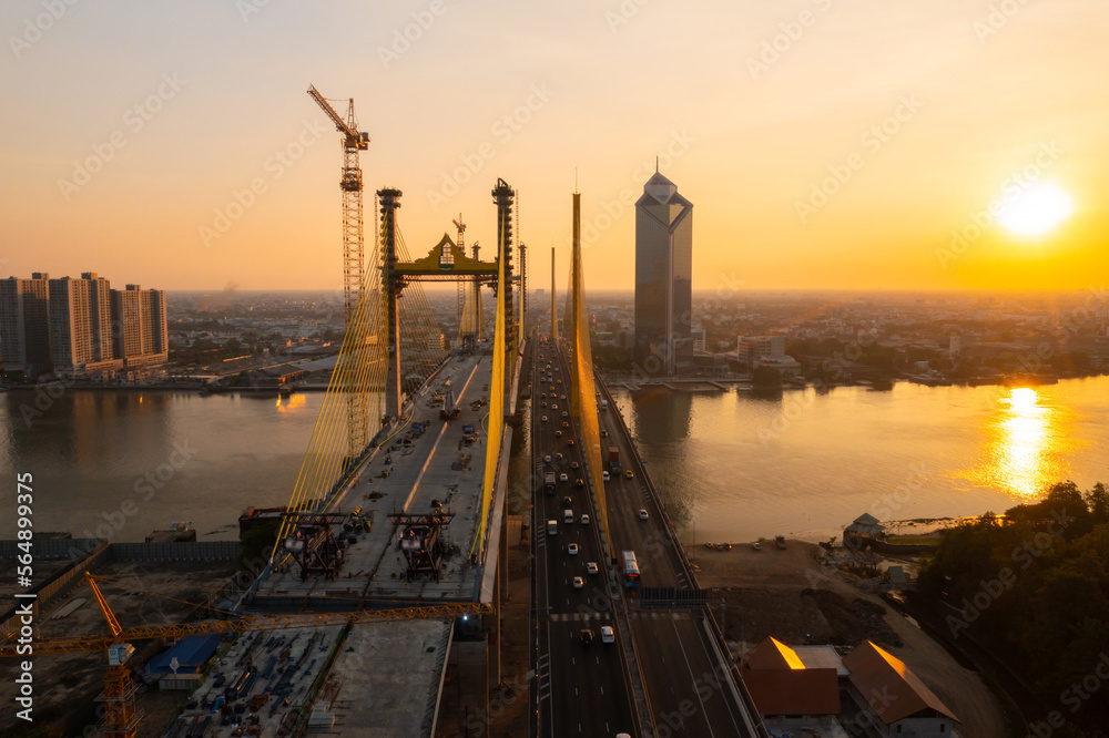 Aerial view Construction of Rama 9 Bridge which was completed in ...