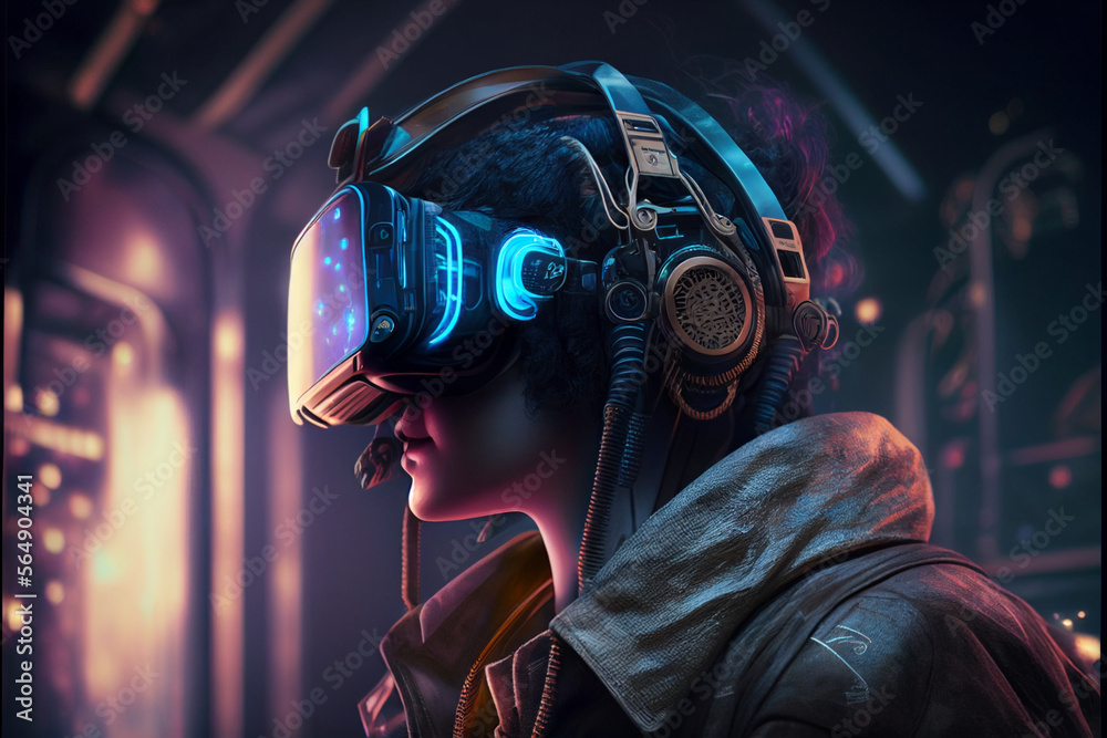 Stockillustratie Futuristic virtual reality VR headset being worn by a ...