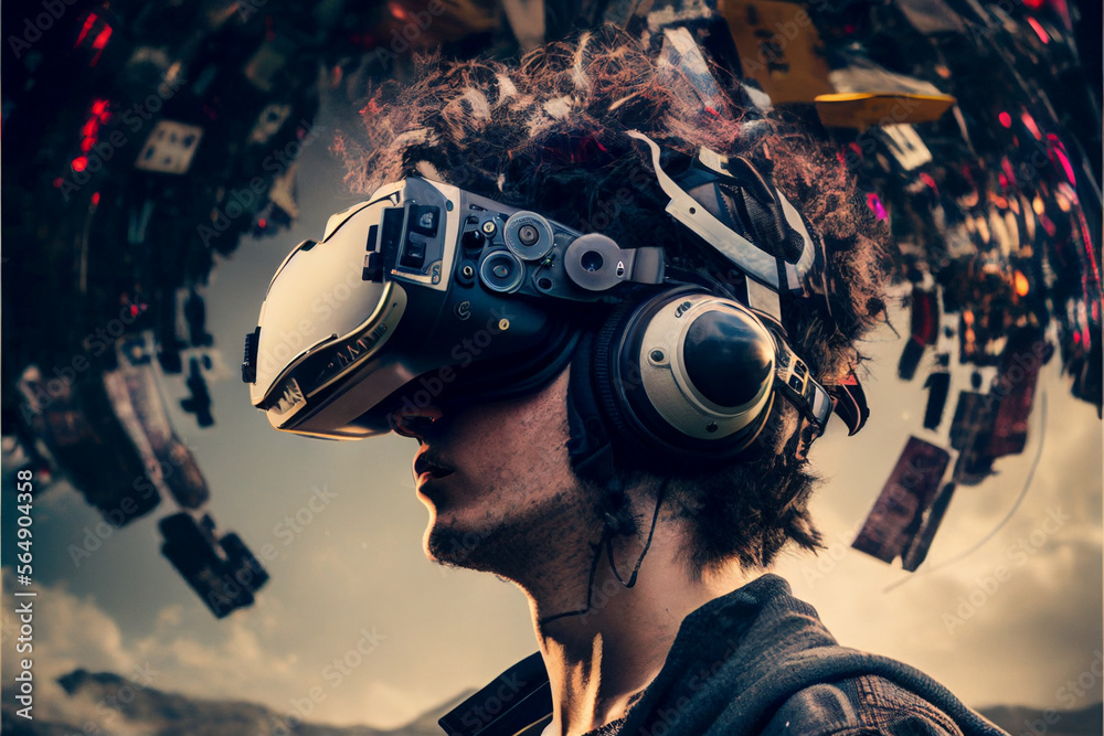 Futuristic virtual reality VR headset worn by a man in HD illustration ... Futuristic virtual reality VR headset worn by a man in HD illustration ...