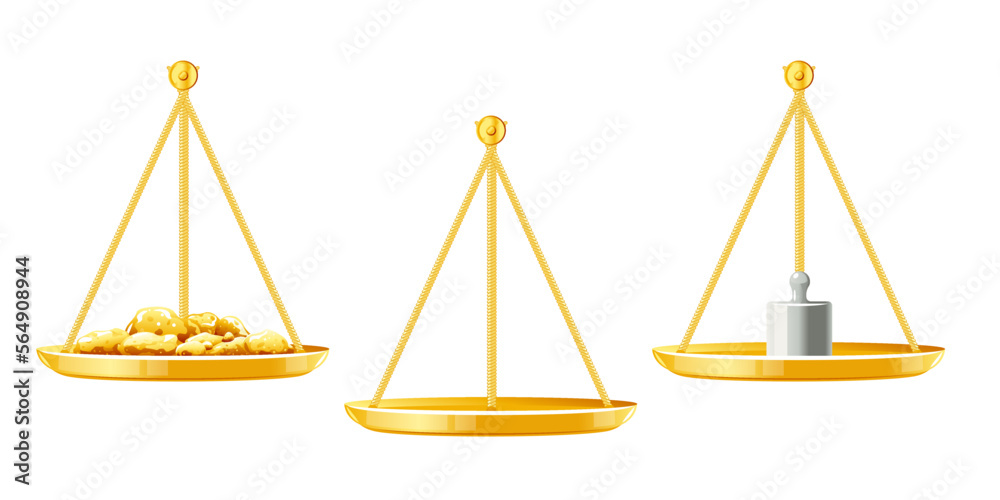 Set of weight scales with golden nuggets, weight measure and empty ...