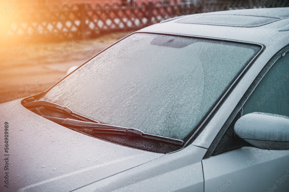 Frozen car at parking lot. Frost on car windows, frosted glass. Frost ...