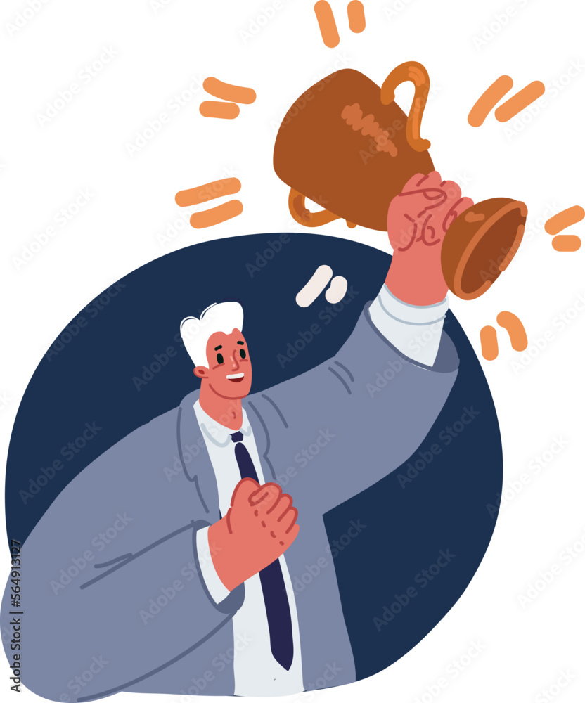 Cartoon Vector Illustration Of Businessman Hand Holding Gold Trophy Cup