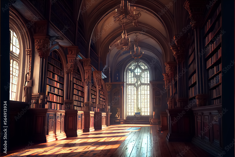 old library reading room with many old books in vintage style . AI ...
