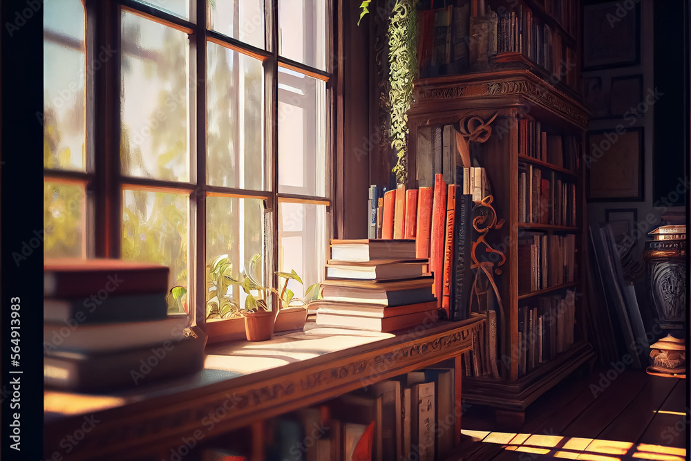 old library reading room with many old books in vintage style . AI ...