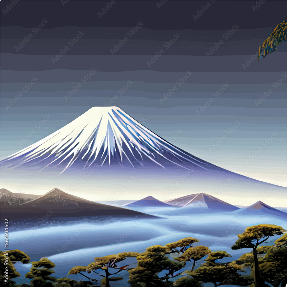 Vector illustration of Japanese Mount Fuji with variety of trees, Ideal ...
