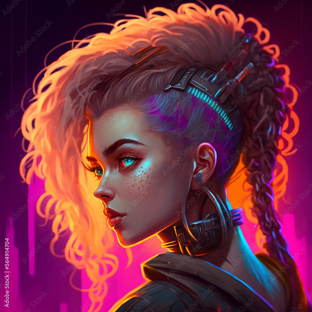 Glowing Cyberpunk Neon Girl Futuristic Dystopian 3 Stock Illustration ...