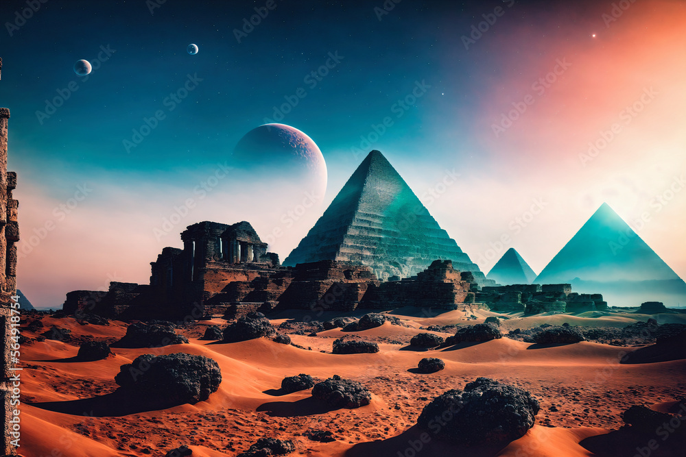 fantasy desert scene with old ruins and pyramids with sci-fi sky with ...