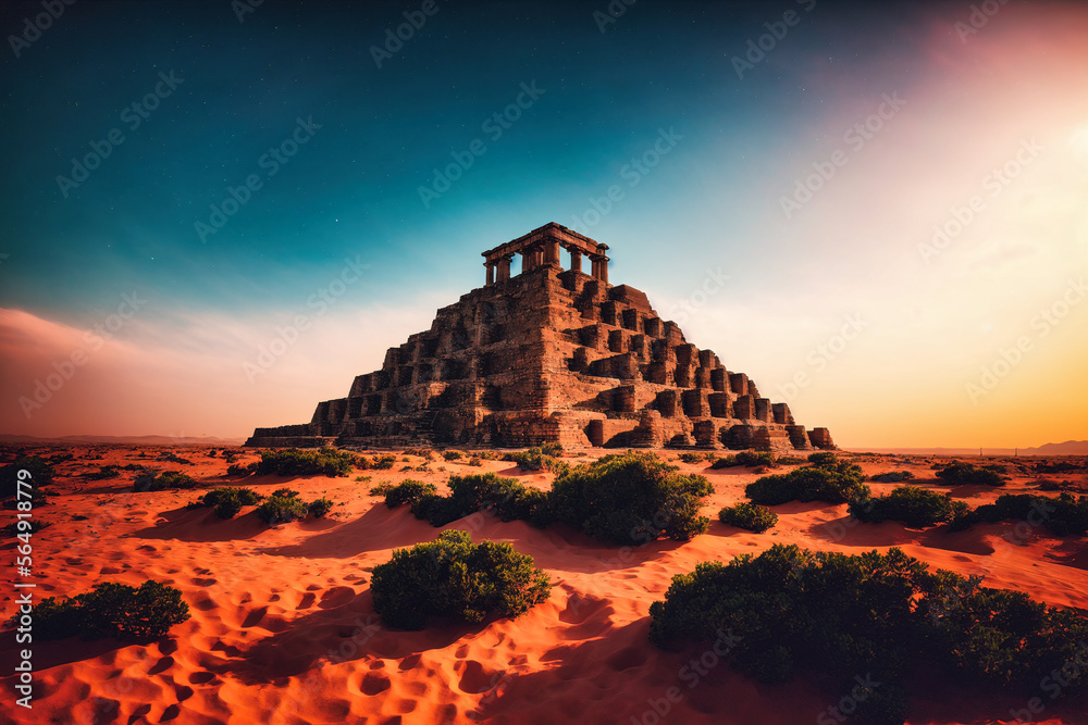 ruins of pyramid with some old stone structure with pillars on top in ...
