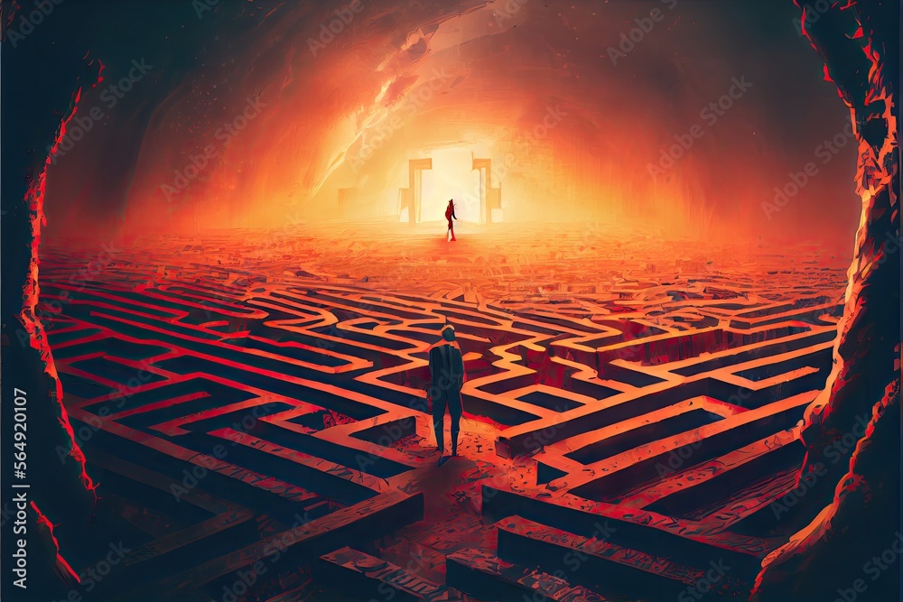 Concept fantasy illustration showing a man standing in the middle of a ...