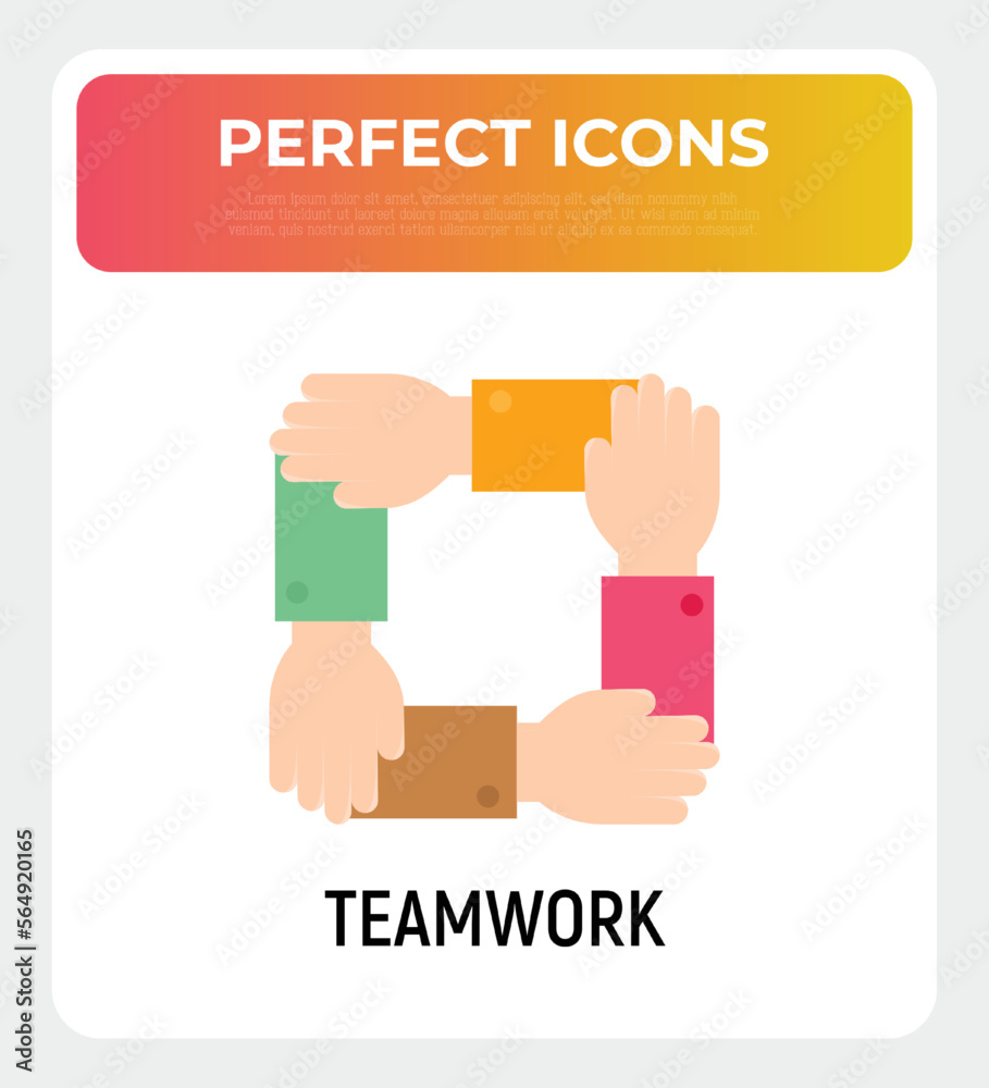 Teamwork, unity, trust and corporate partnership. Flat icon. Four hands ...