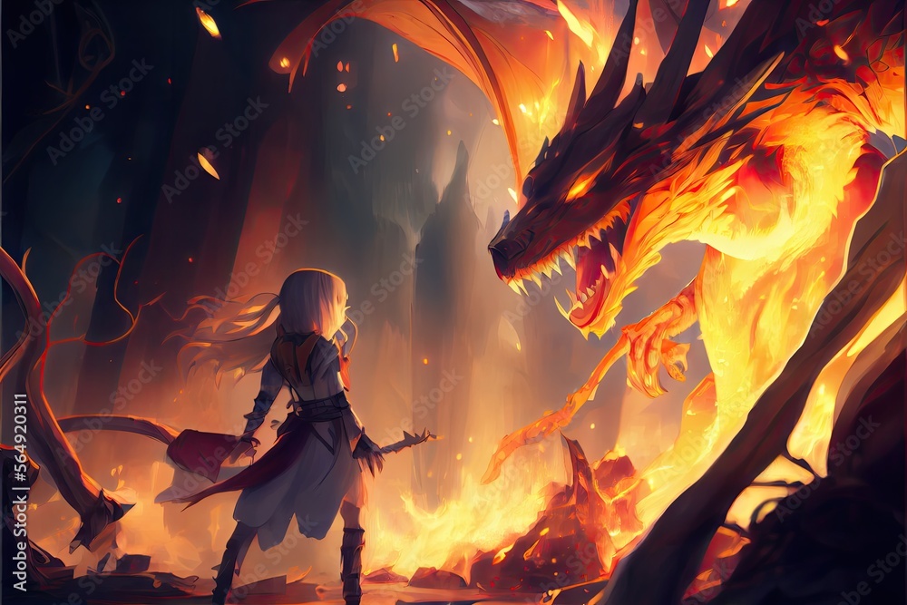 A girl fighting a giant dragon, anime, fantasy - generative ai Stock ...