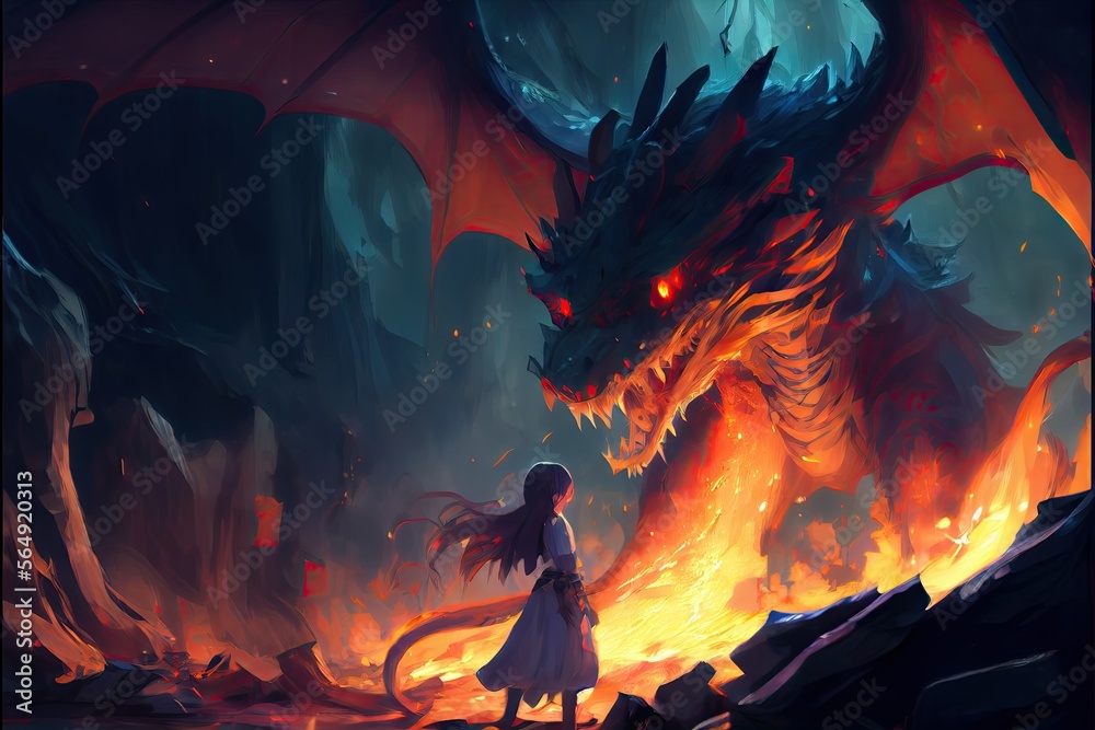A girl fighting a giant dragon, anime, fantasy - generative ai Stock ...