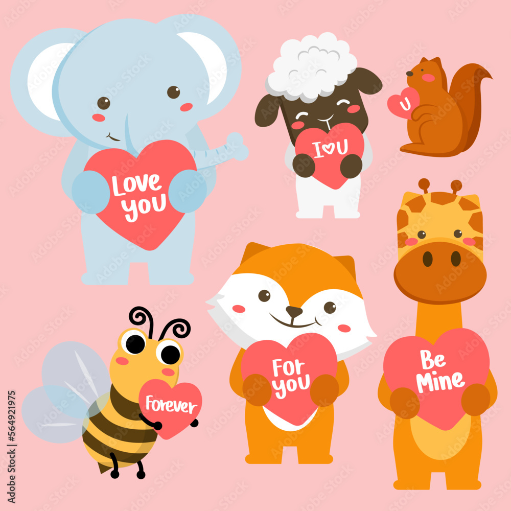 Big isolated vector set with animals in cartoon style with love sign ...