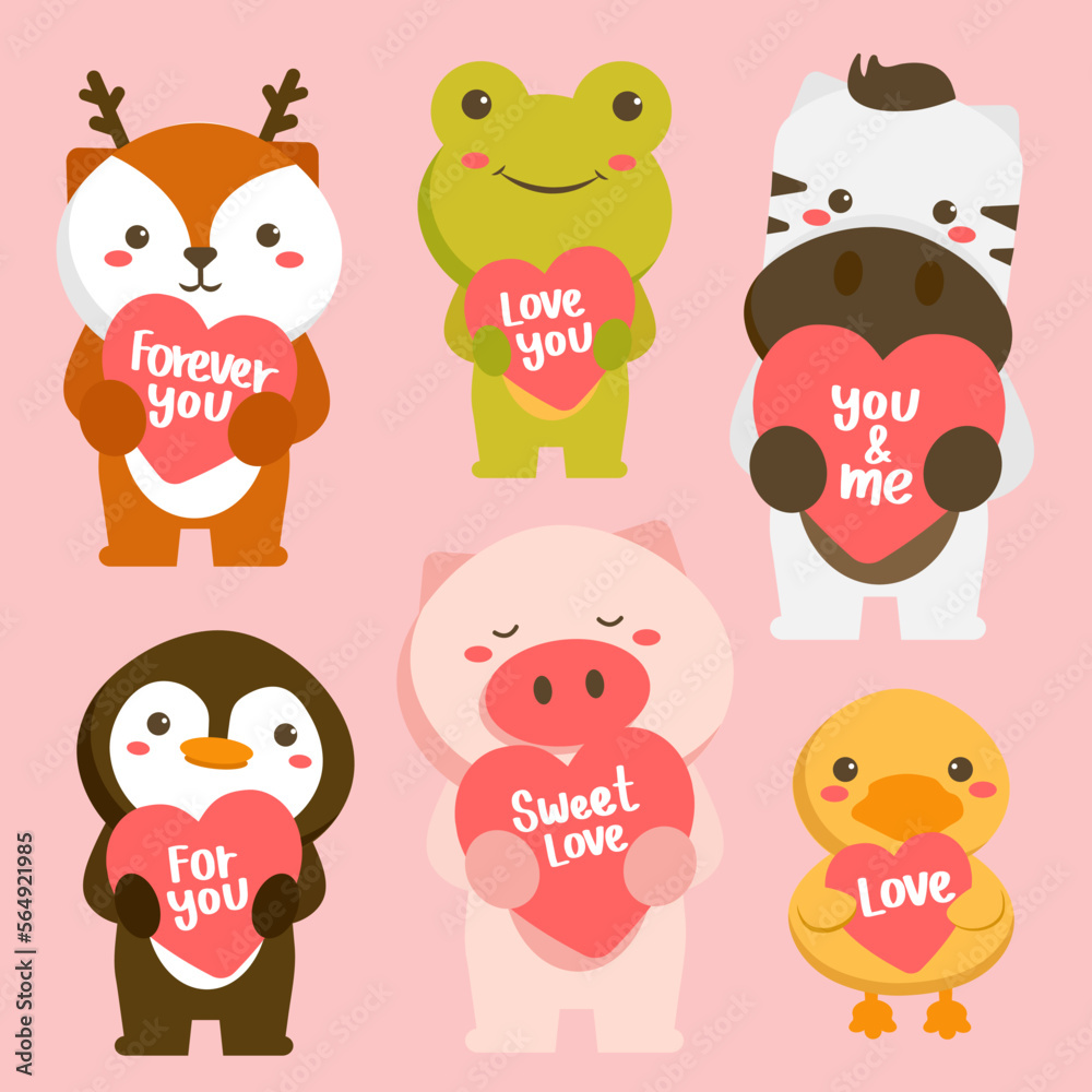 Big isolated vector set with animals in cartoon style with love sign ...