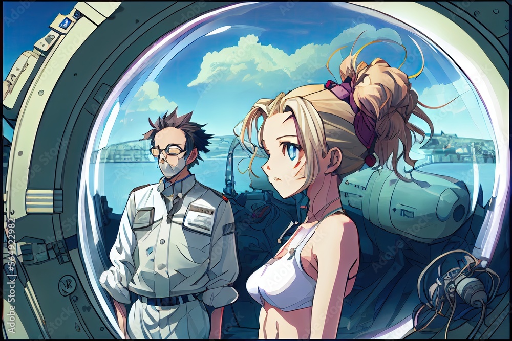 Scientist in a lab looking into an experiment in a water tank, fantasy ...