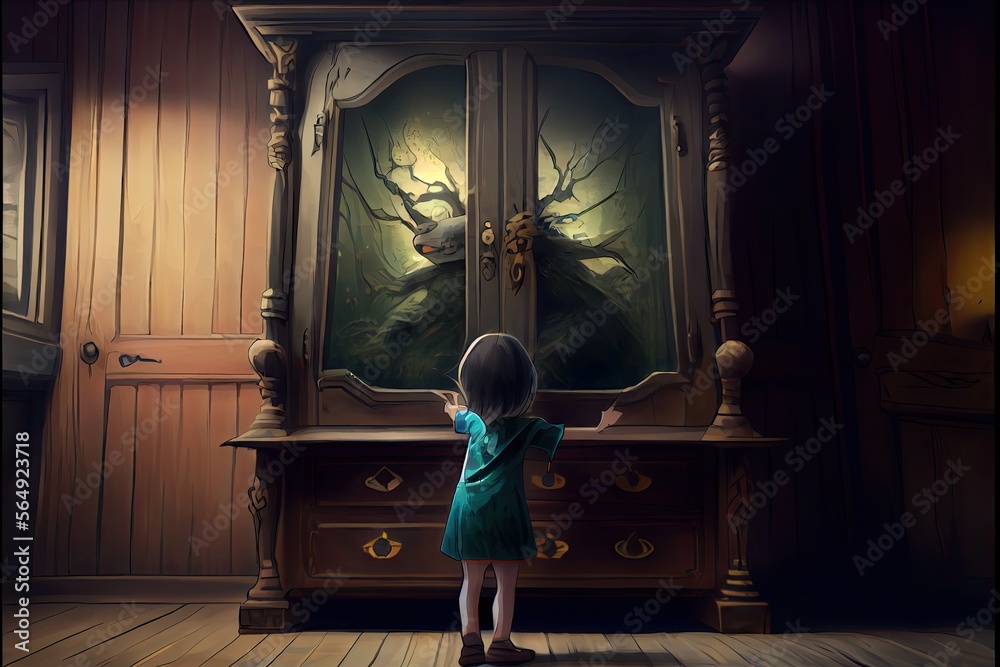 A child alone in a room scared of what's behind an old cabinet, fantasy ...