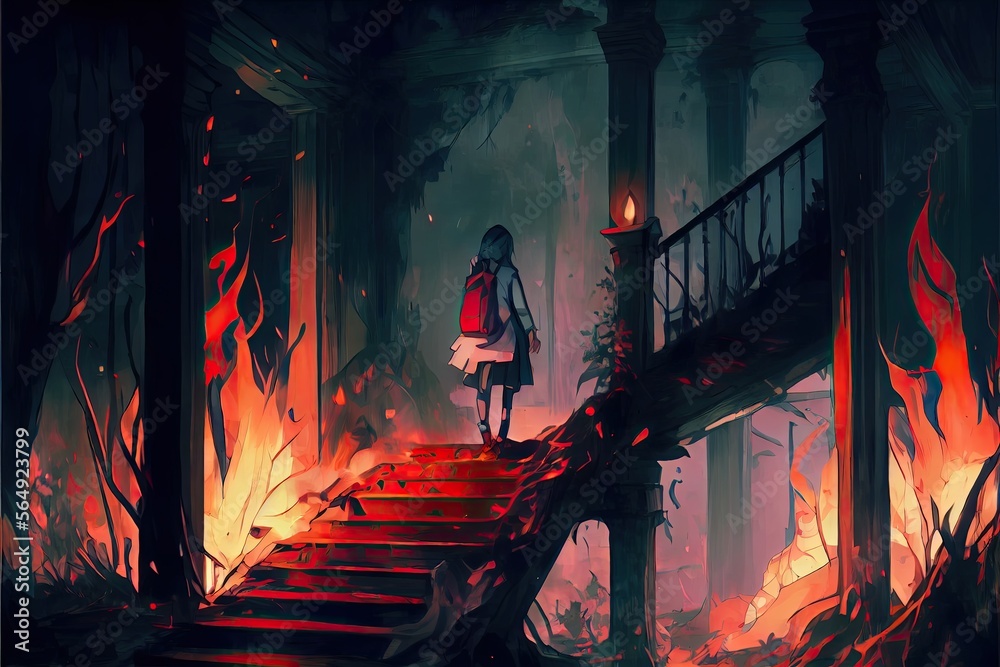 The super human torch walking down the stairs in an abandoned mansion ...