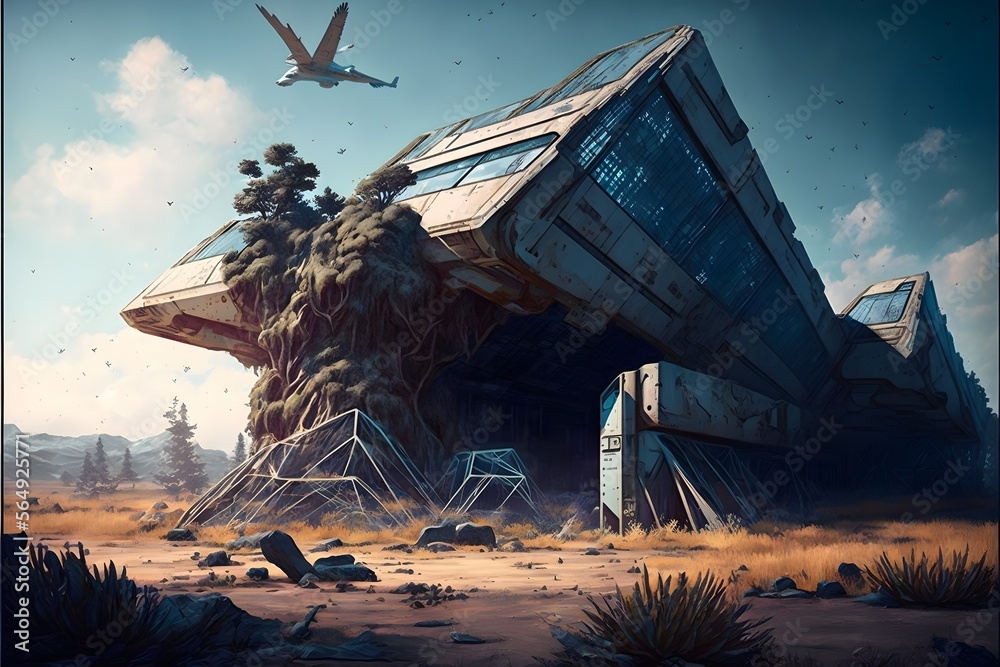 Empty dilapidated sci fi hangar near an open field on a forested planet ...